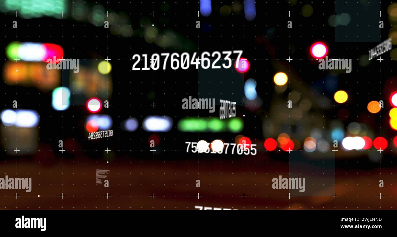 Digital composite image of multiple changing numbers against night city ... Digital composite image of multiple changing numbers against night city ...