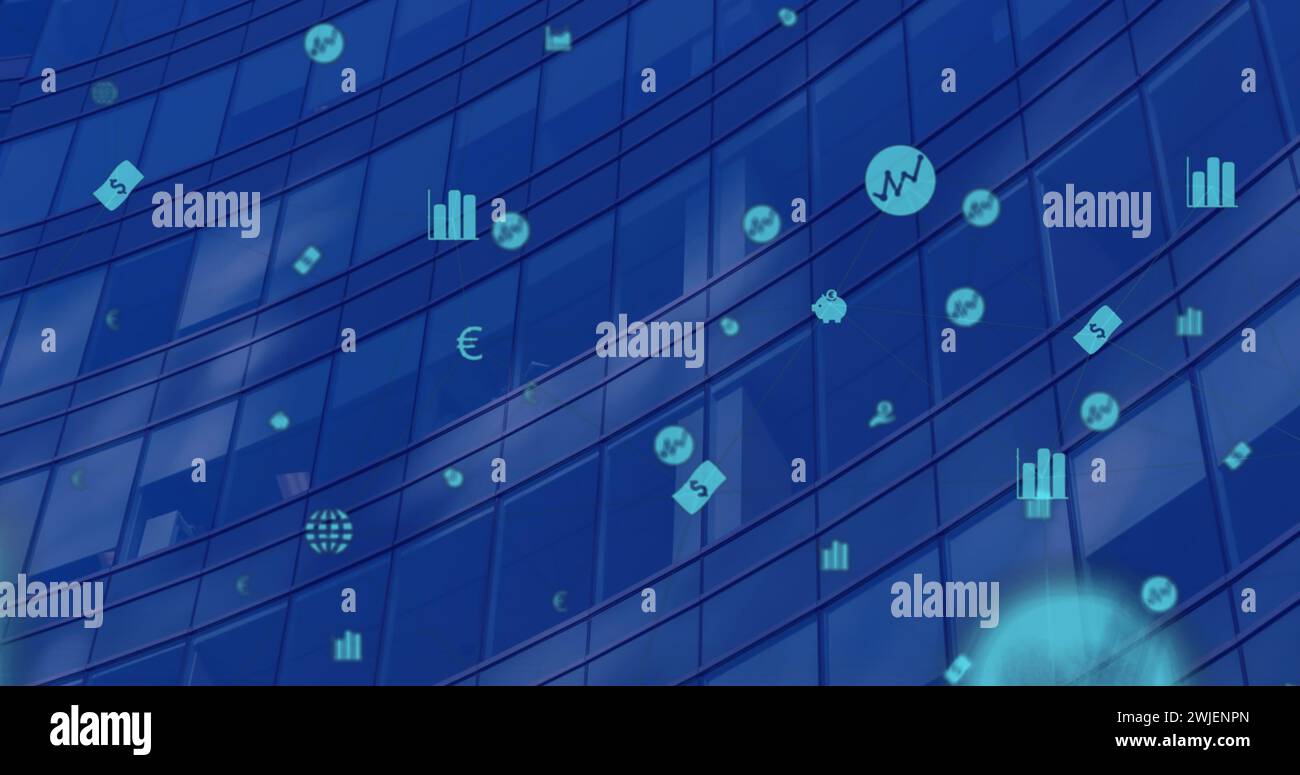 Digital currency symbols float over a blue skyscraper background Stock ...
