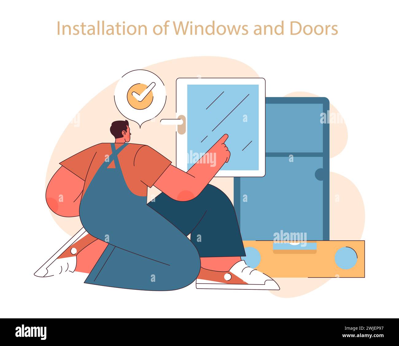 Installation of windows and doors. Worker accurately fitting new window ...