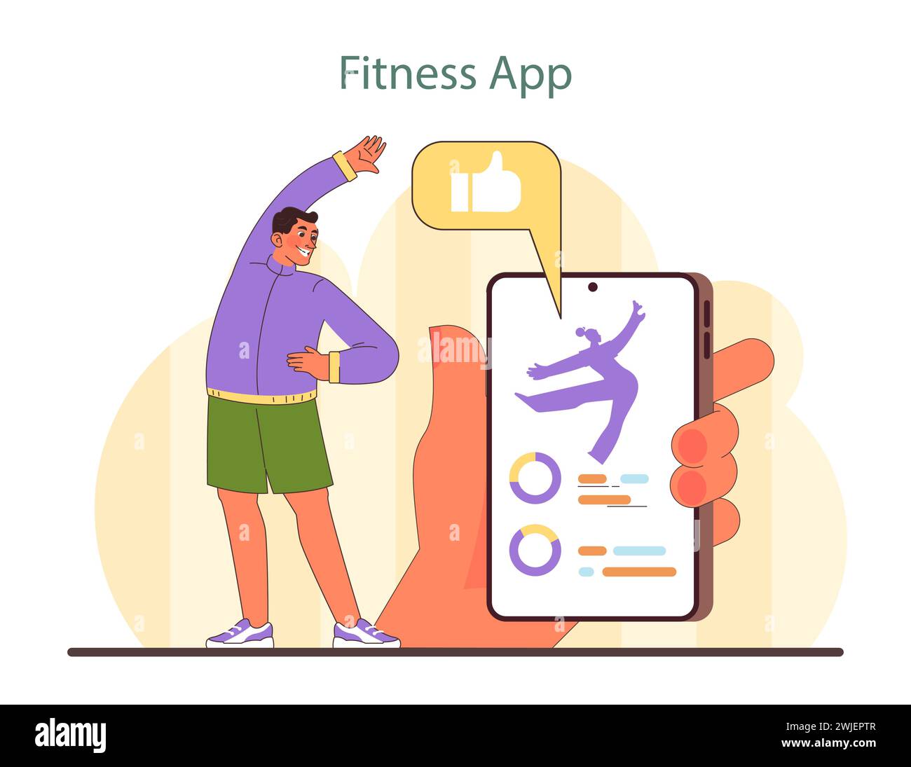 Fitness App illustration. Man achieves fitness goals with a smartphone ...