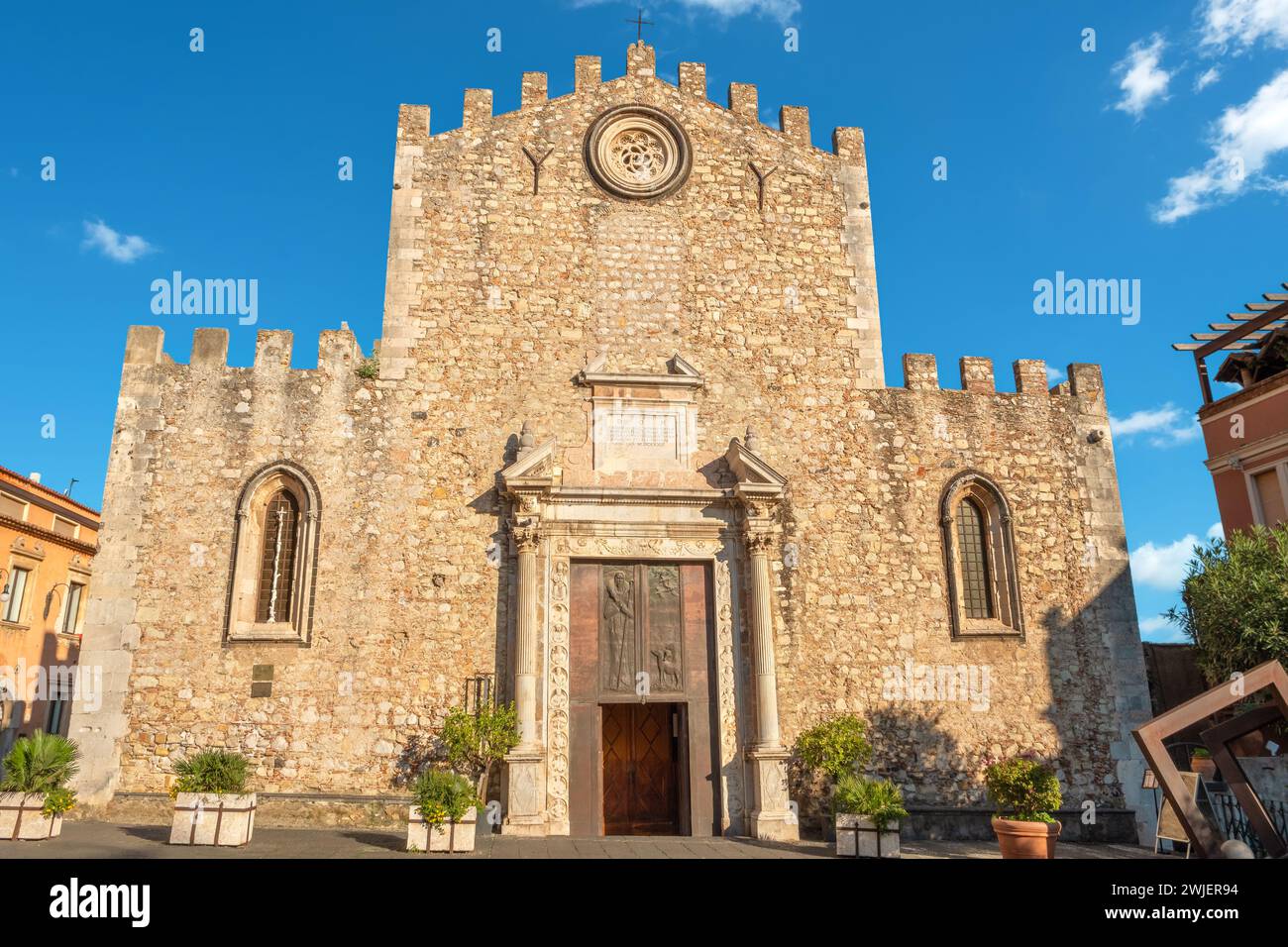 View to Cathedral of St. Nicholas at Piazza del Duomo square. Taormina ...