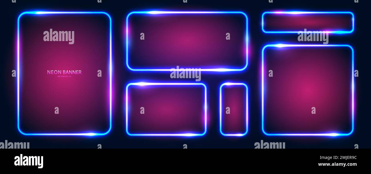 Neon frames with rounded edges with glow effects, highlights on a dark ...