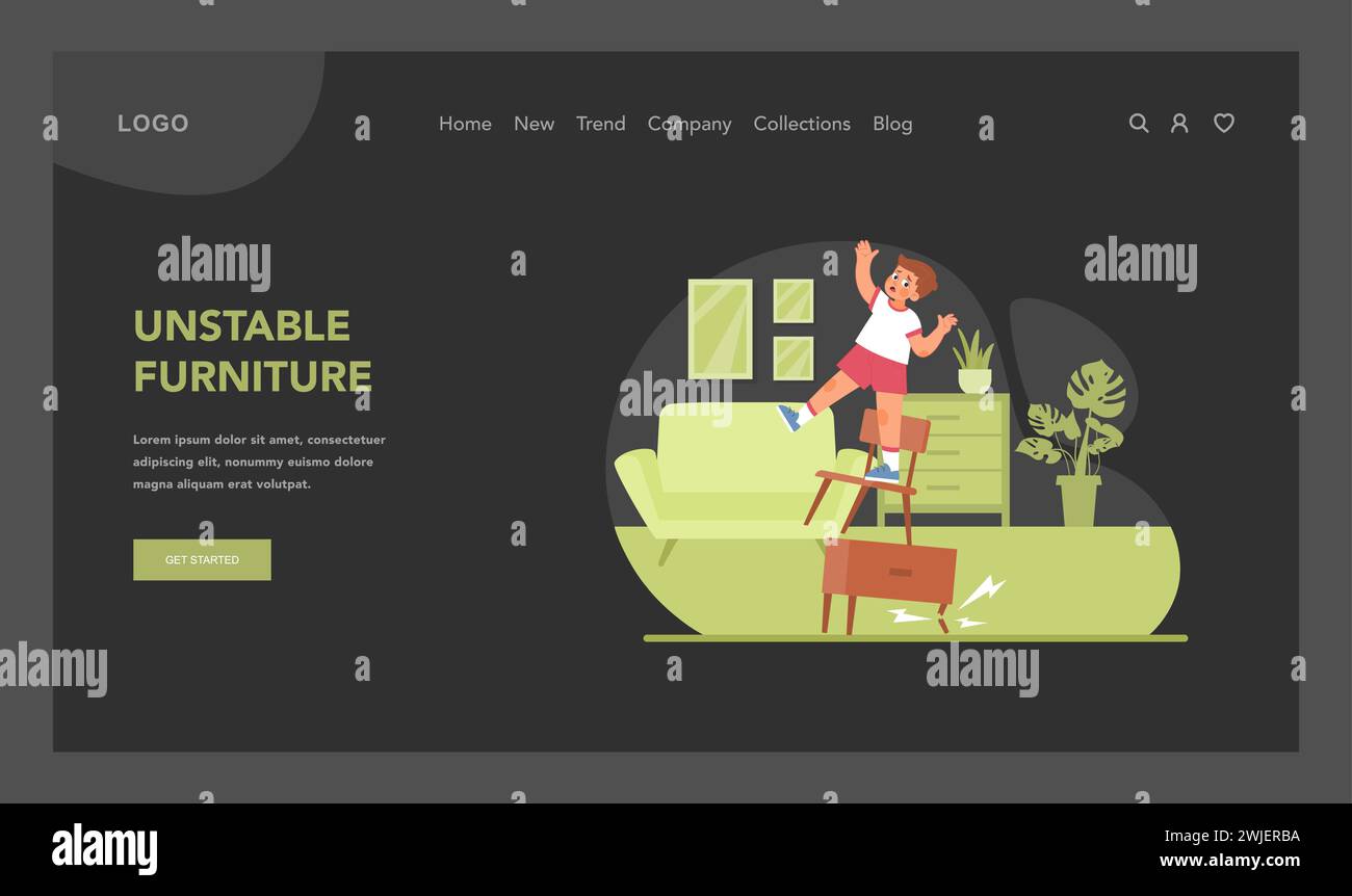 Furniture safety incident. Startled young boy teetering on chair ...