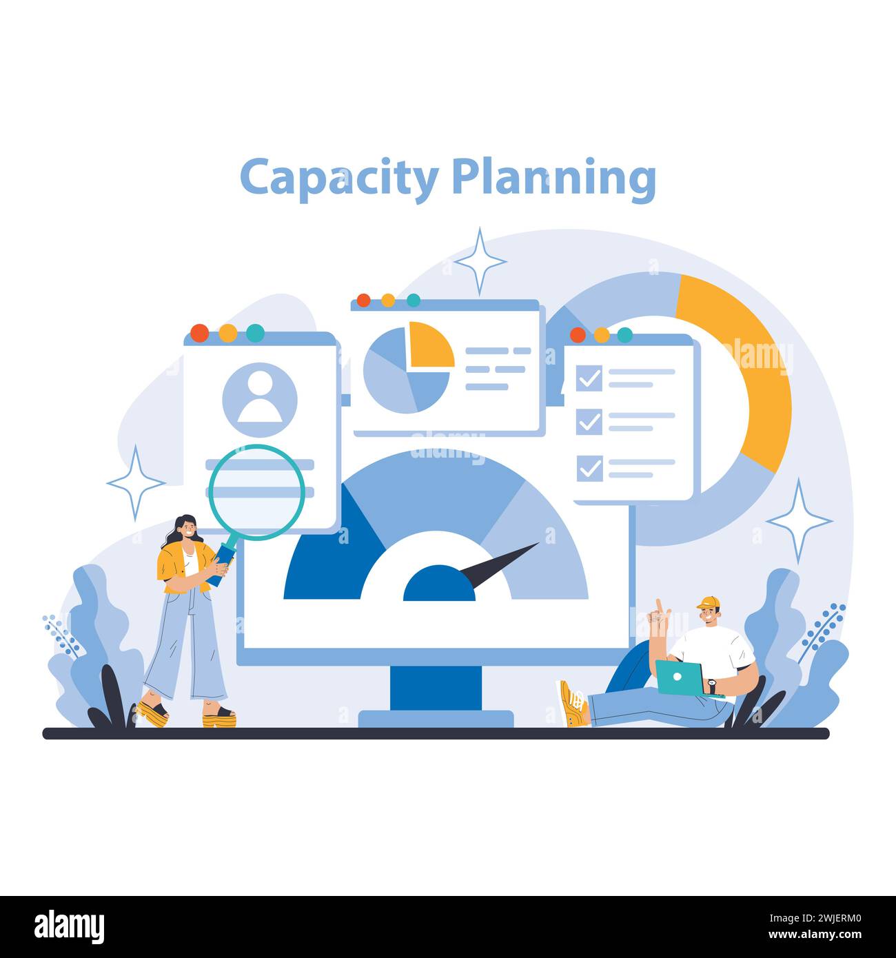 Capacity Planning concept. Analyzing personnel and production capabilities. Resource allocation ...