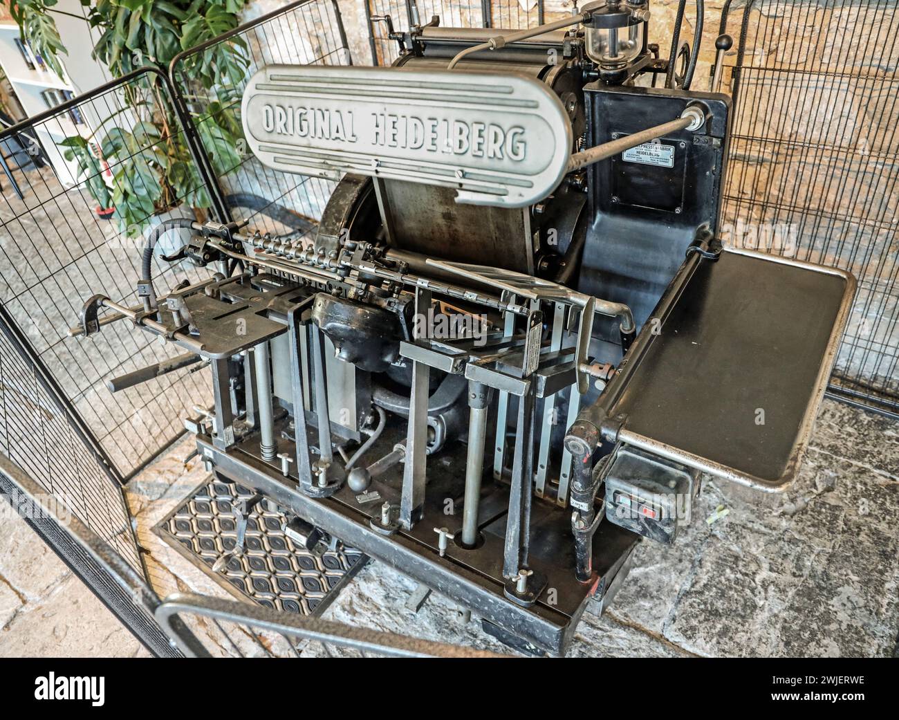 Original Heidelberg printing press in the cafe at Ocean Studios of the ...