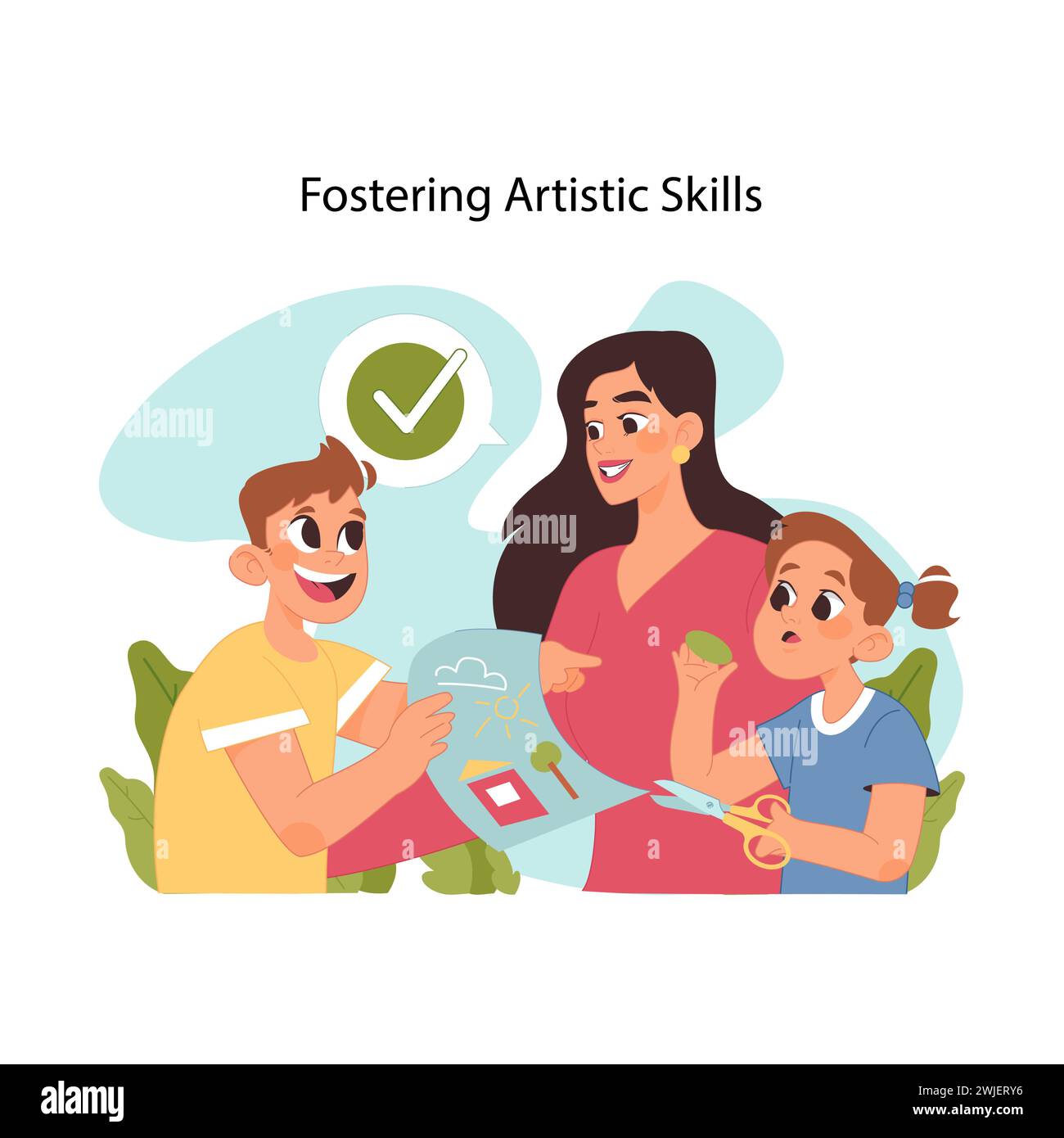 Artistic skills development concept. Children with teacher enjoying ...