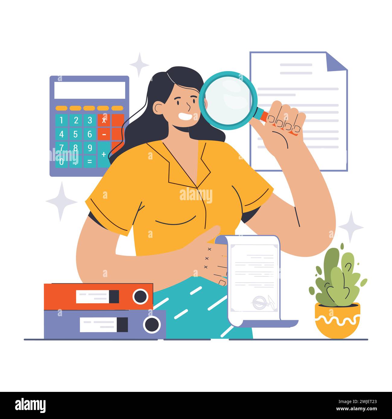 Audit concept. Professional woman examining financial documents, using ... Audit concept. Professional woman examining financial documents, using ...