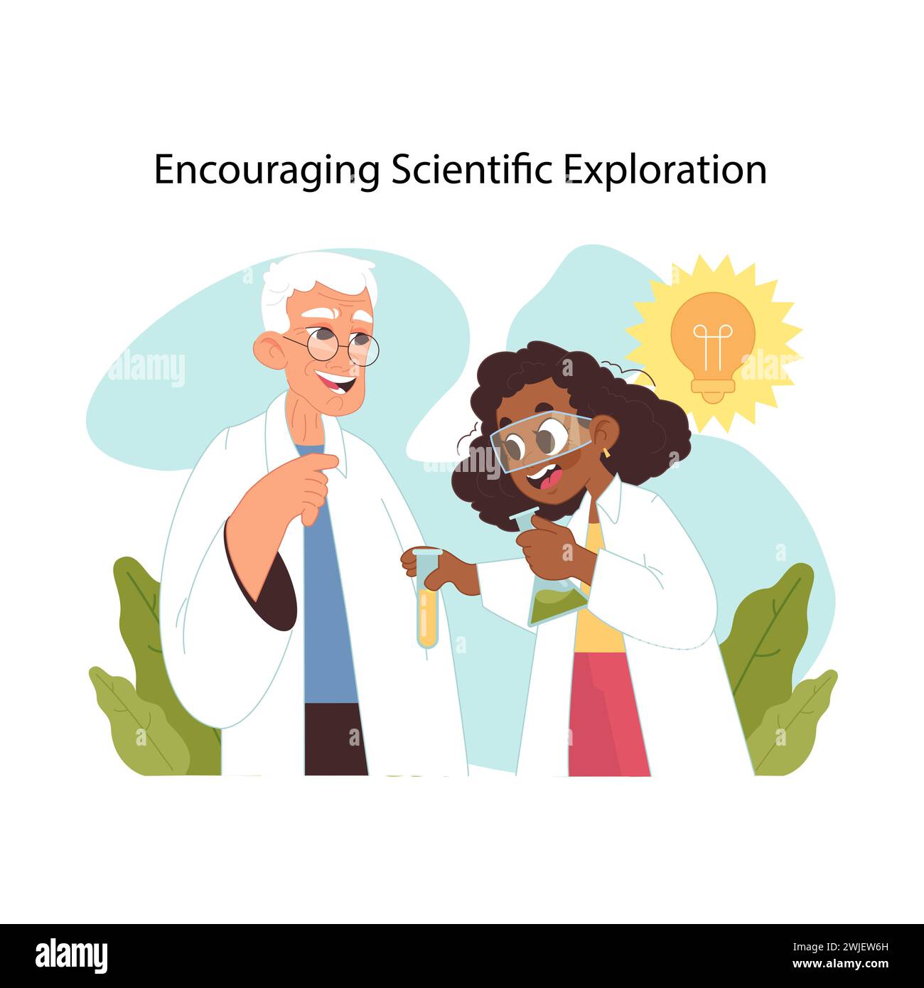 Scientific curiosity concept. Young female black student conducting experiments with elder ...