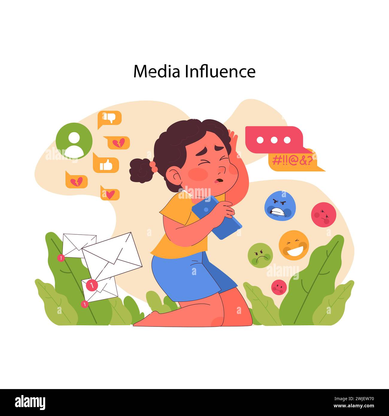 Media influence concept. Young girl overwhelmed by social notifications, emoticons, and messages ...