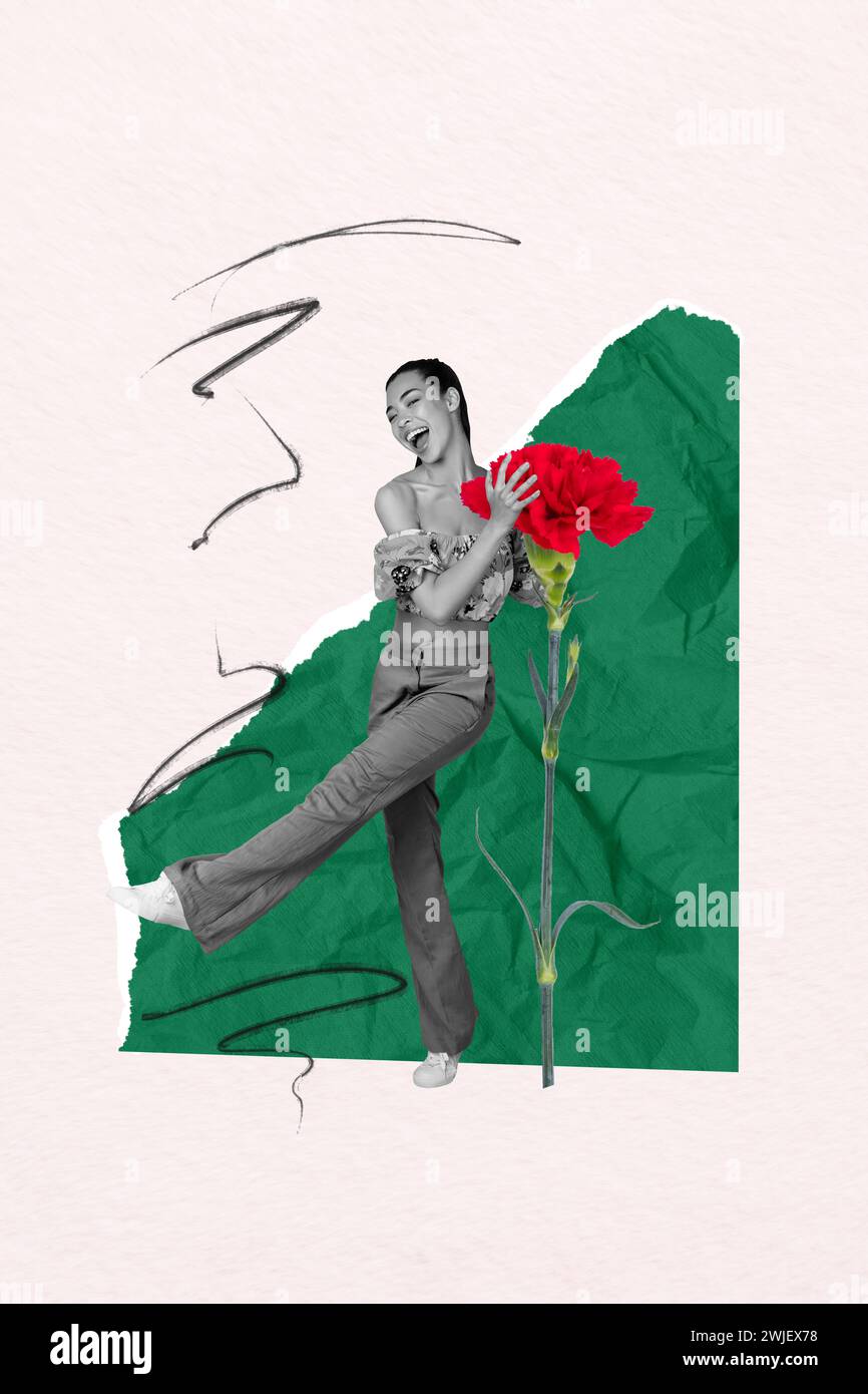 Collage vertical image of cheerful happy woman hold huge red carnation ...