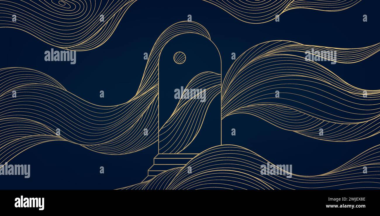 Vector gold luxury celestial background, line waves and arch with ...