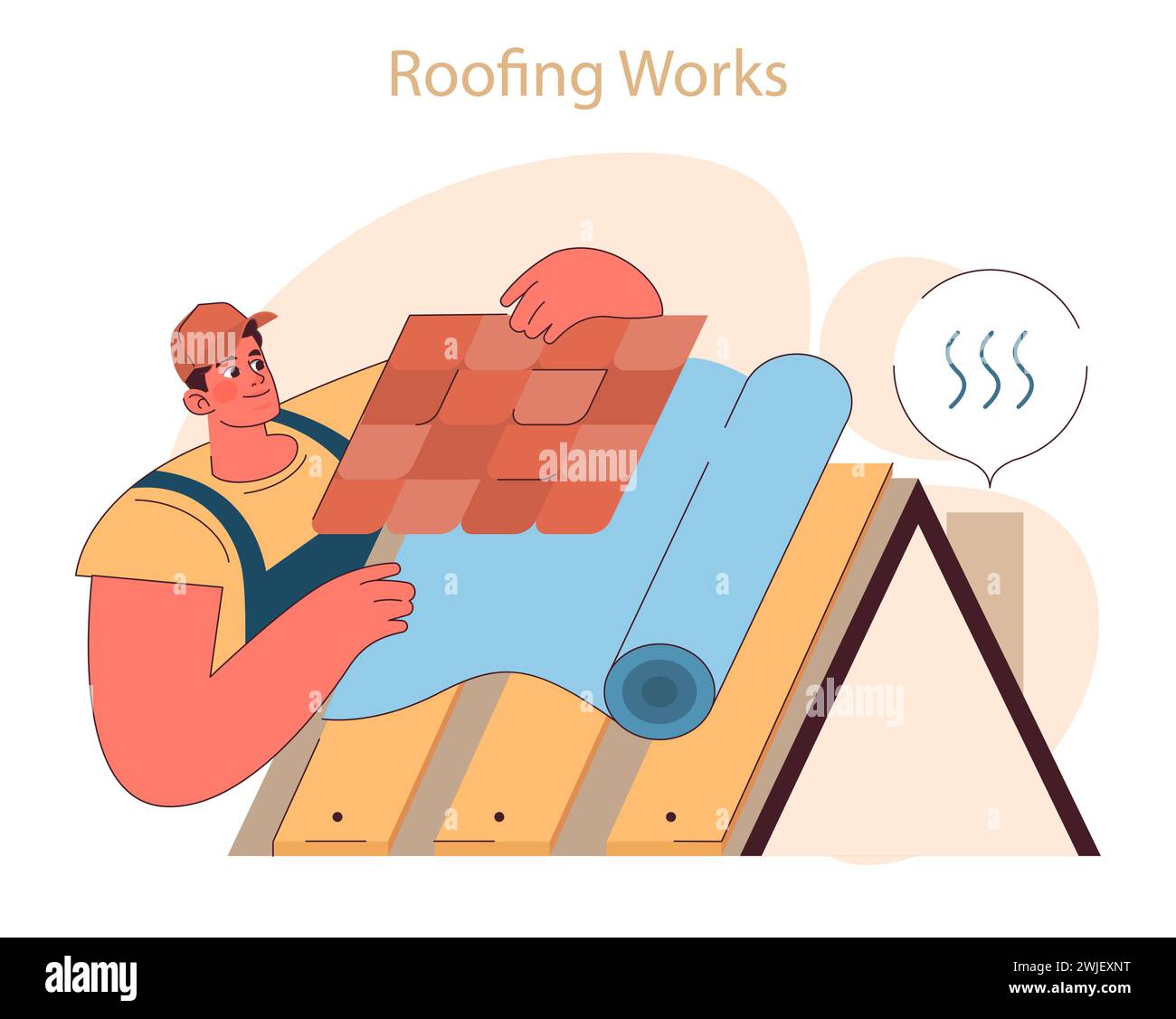 Roofing Works concept. Detailed illustration of a roofer installing ...