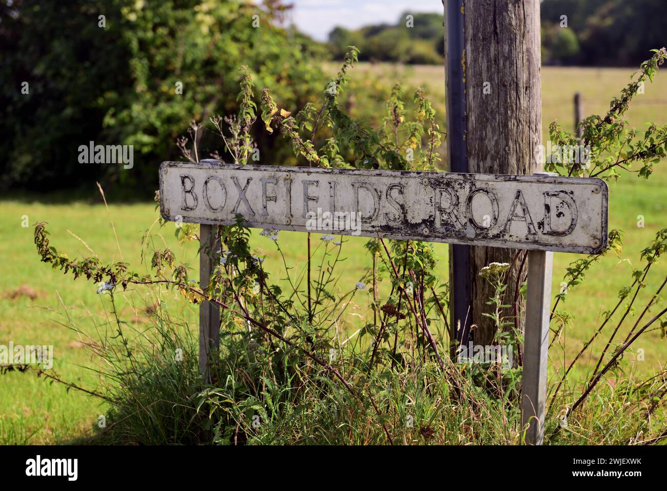 Sign on Boxfields Road on Box Hill, West Wiltshire, the site of a ...