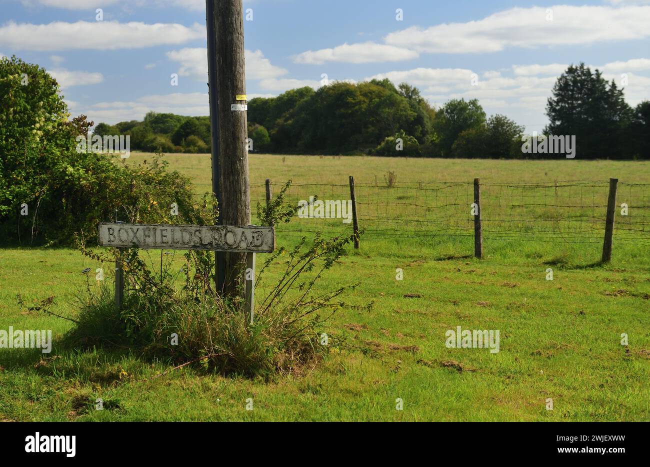 Sign on Boxfields Road on Box Hill, West Wiltshire, the site of a ...