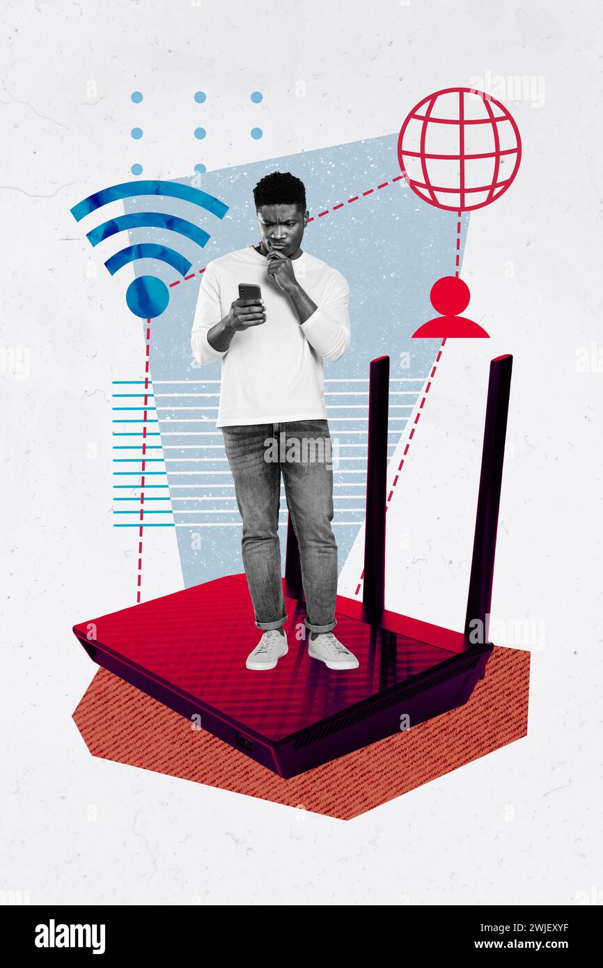 Composite collage image of wifi router connection problem confused ...