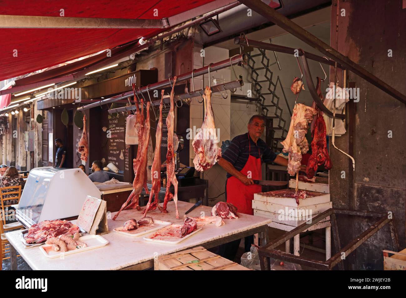Traditional Butchers stall in outdoor market, Catania, Sicily Stock ...