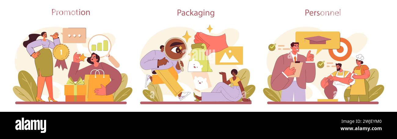 Marketing Mix set. Promotion dynamics, impactful packaging, and skilled ...