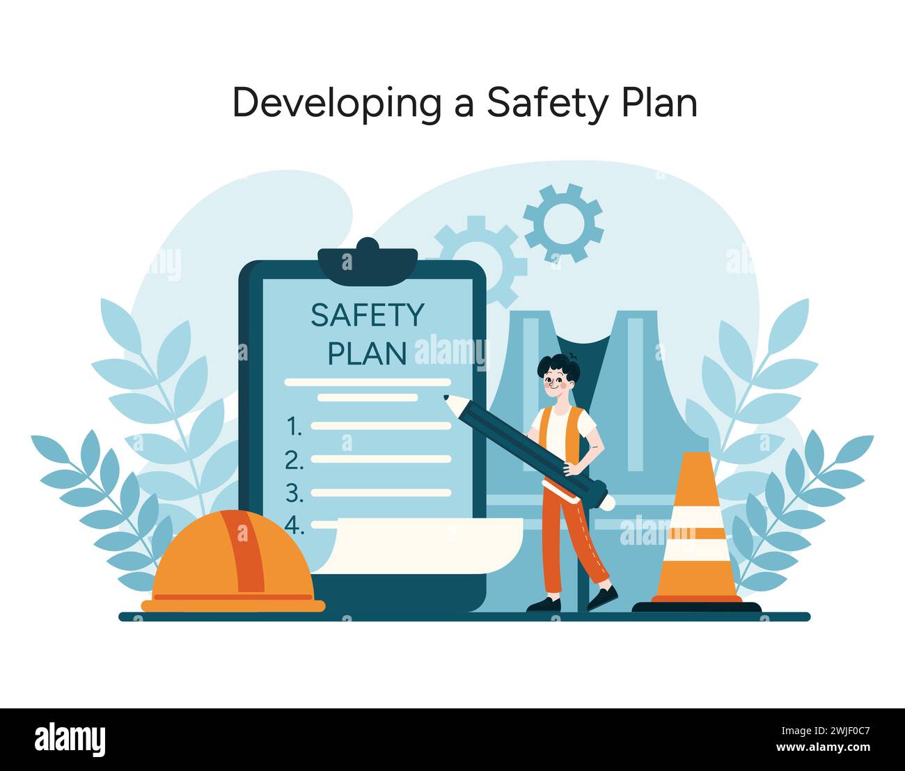 Developing a Safety Plan vector. Detailing a worker's involvement in ...