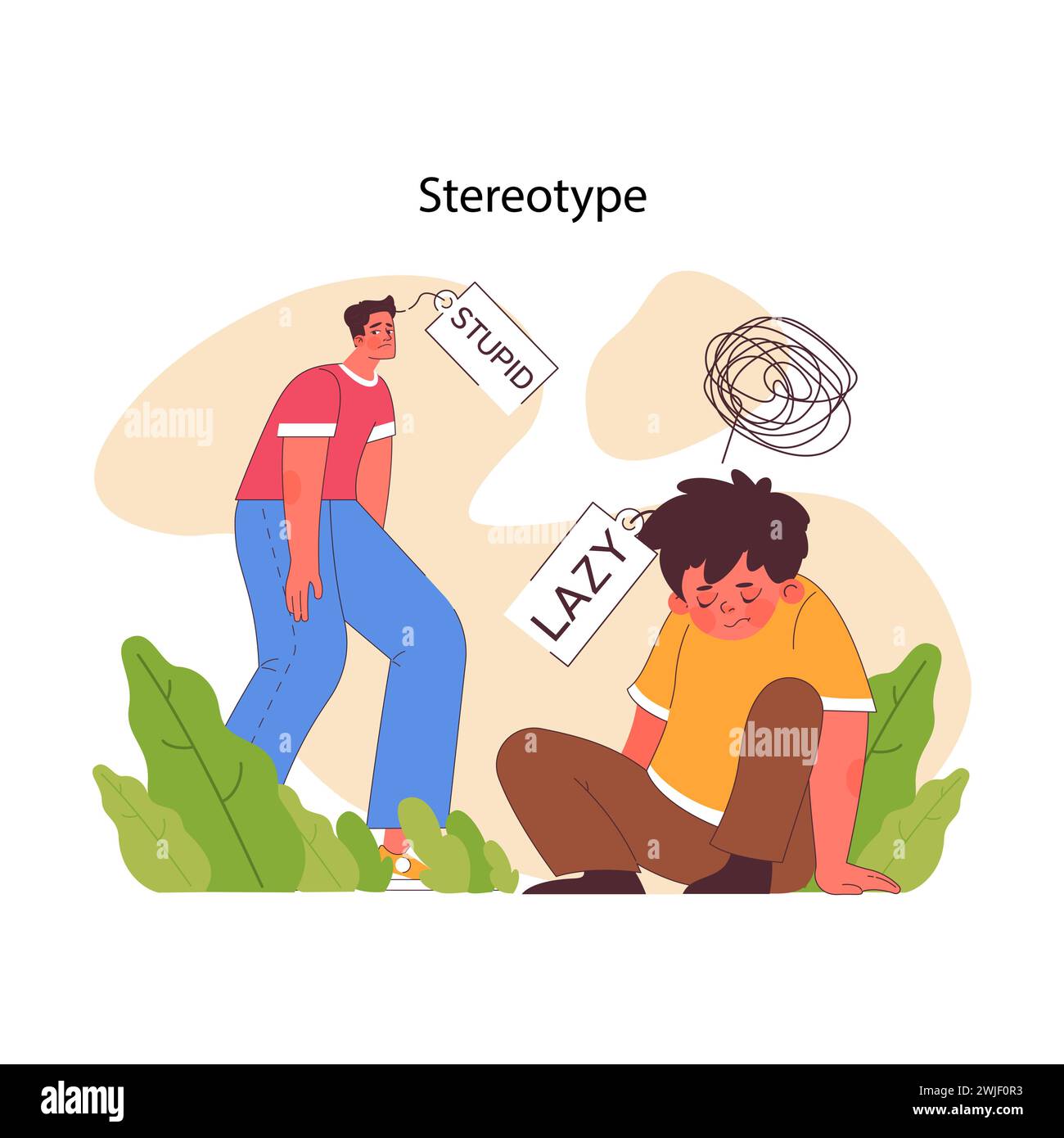 Stereotype concept. Upset neurodiverse man and boy with labels on heads ...