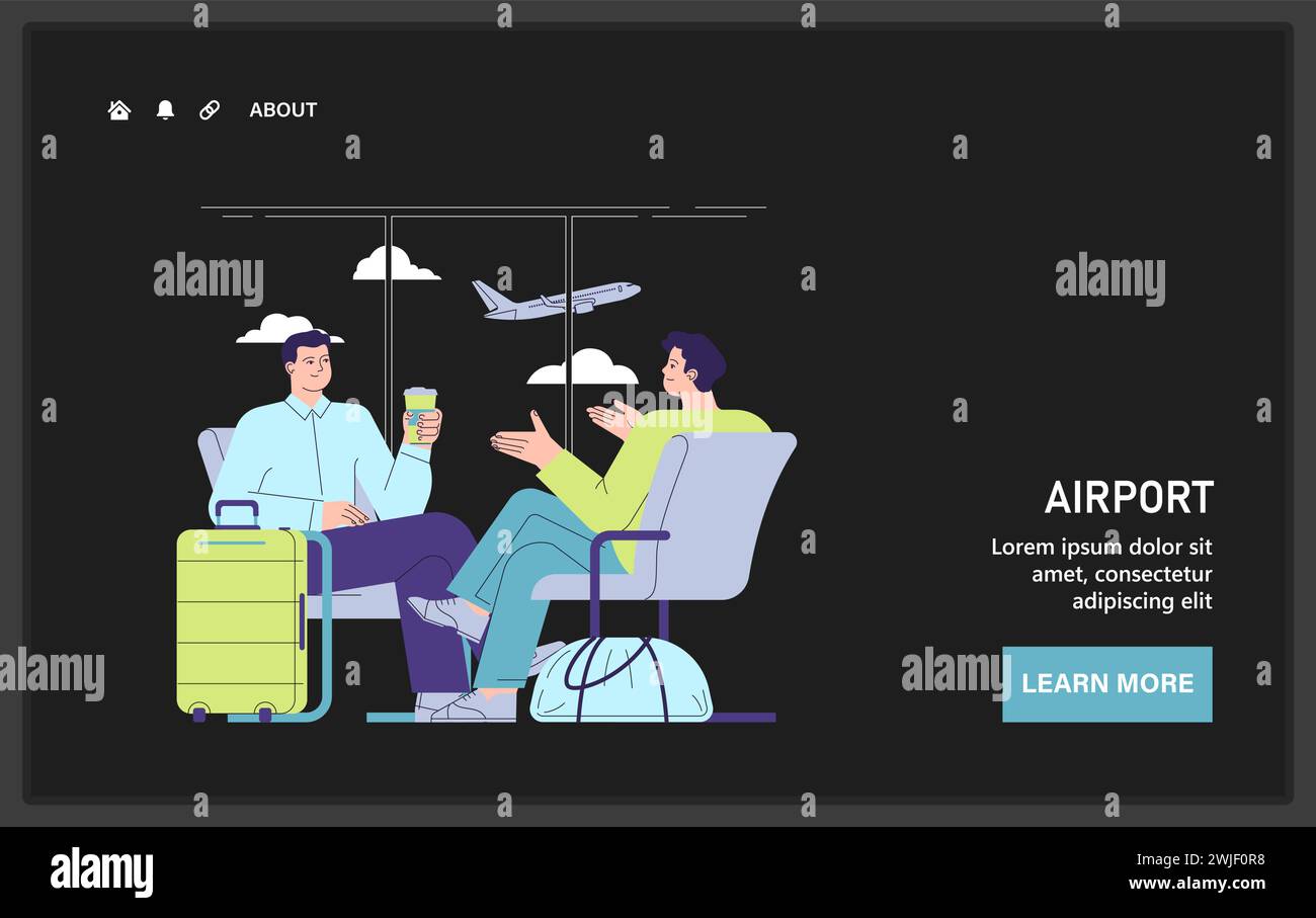 People in the airport web or landing. Characters with a suitcase in the ...