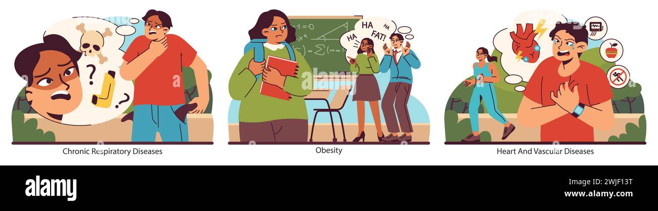 Health Issues triptych. Struggles with respiratory conditions, societal ...