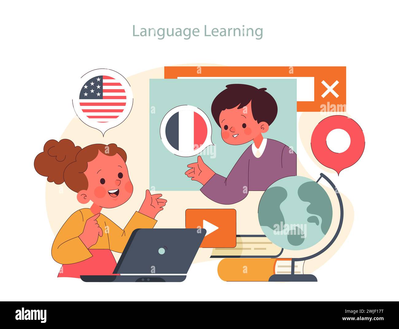 Children learn. Elementary school classes. Kids studying English and ...