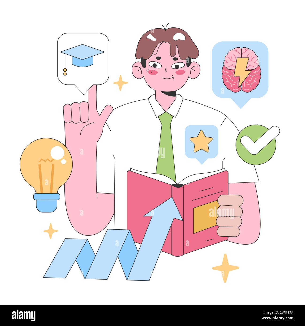 Continuous learning concept. Enthusiastic young man pointing at ...