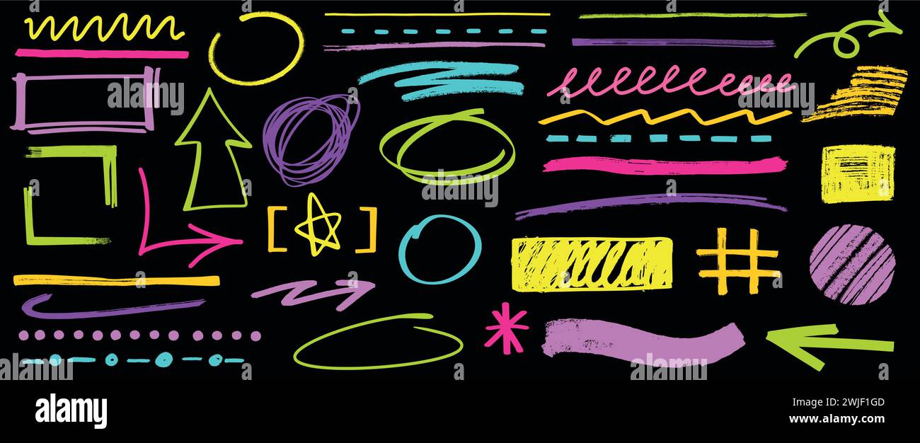 Acid color highlighter lines, arrows, circles, underline element vector ...