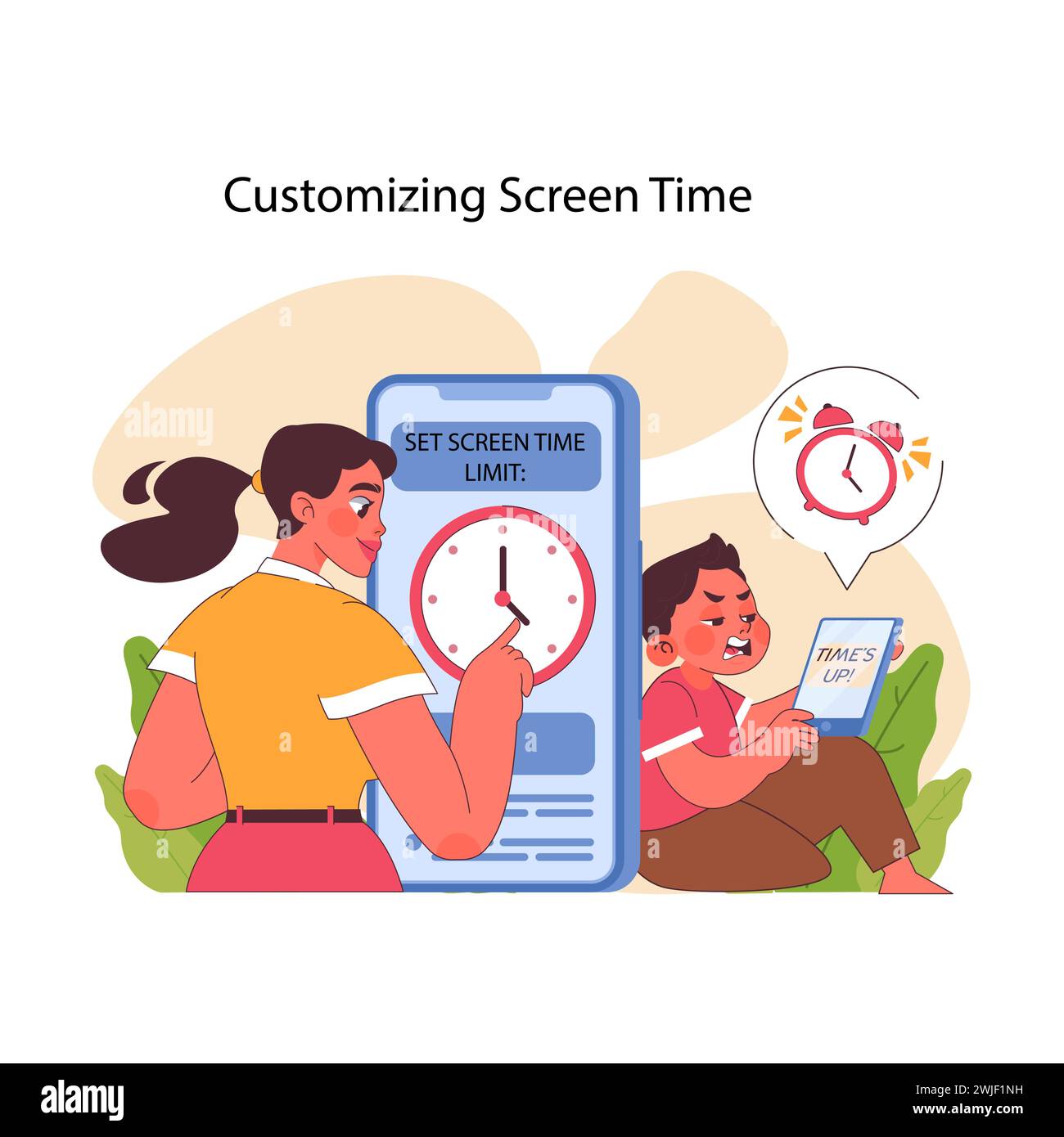 Customizing screen time concept. Mother sets healthy digital boundaries and restrictions with ...