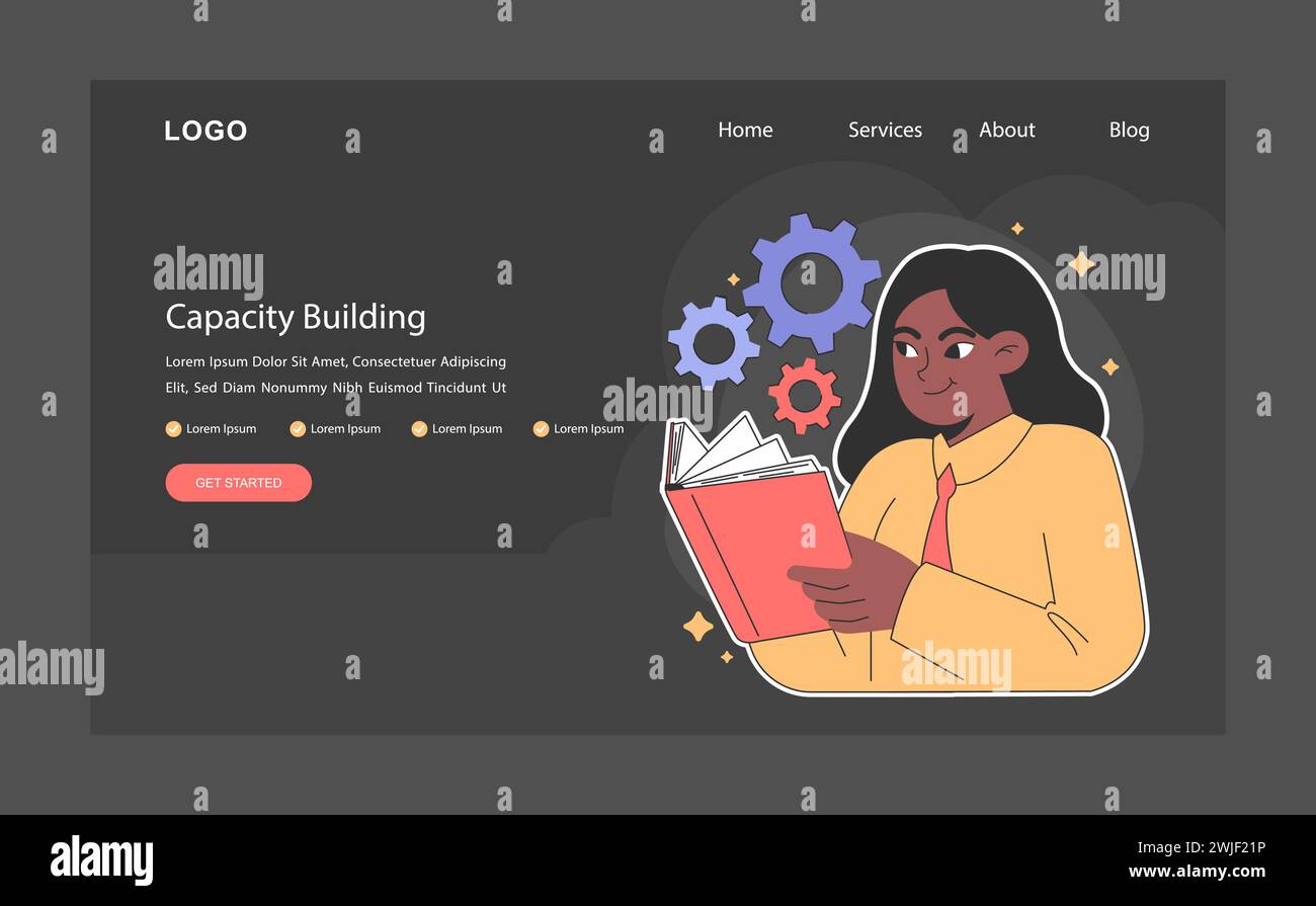 Capacity building dark or night mode web, landing. Engaged woman ...