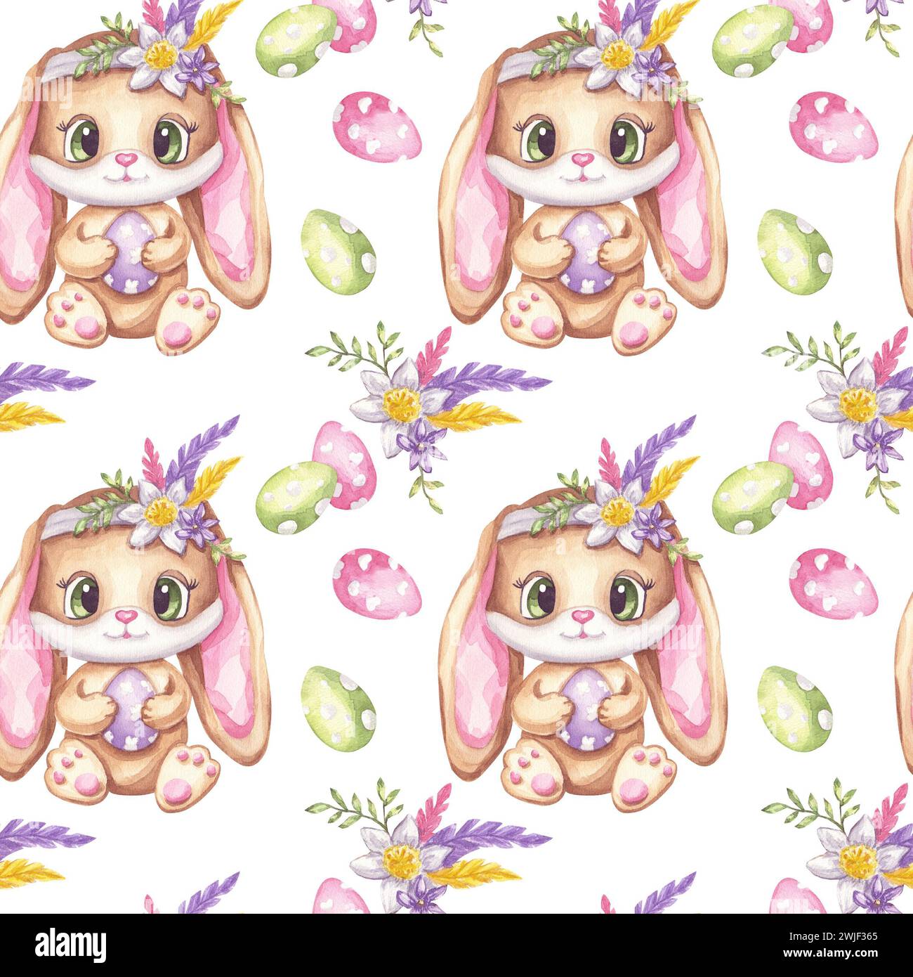 Seamless pattern bunny with flowers, leaves, feathers. Egg hunt. Happy ...