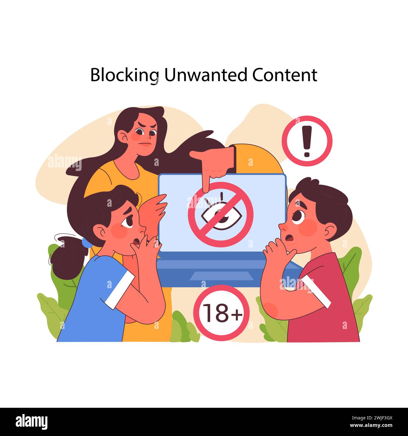 Blocking unwanted content concept. Vigilant parent teaching little boy and girl to avoid ...