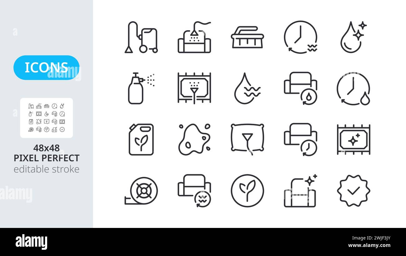 Furniture upholstery dry cleaning icons. Home hygiene. Sofa, armchair ...