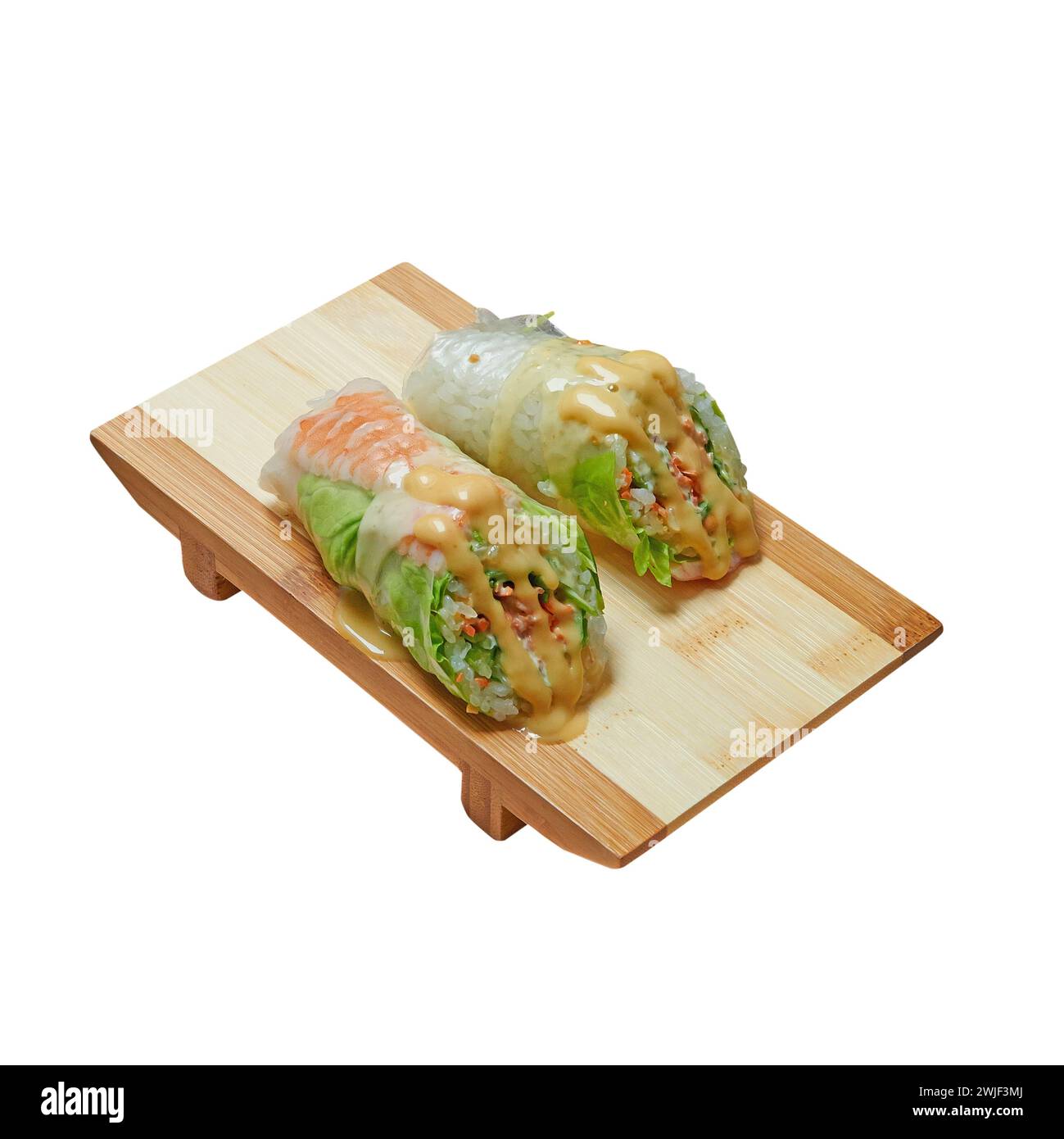 Traditional japanese wooden plank with food isolated on white with ...