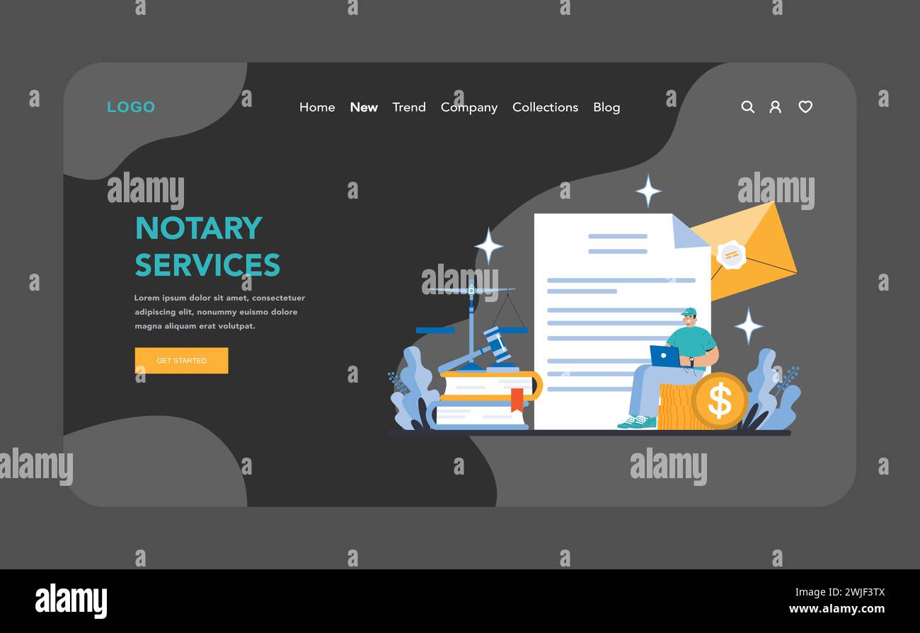Notary Services night or dark mode web or landing page. Authenticating ...