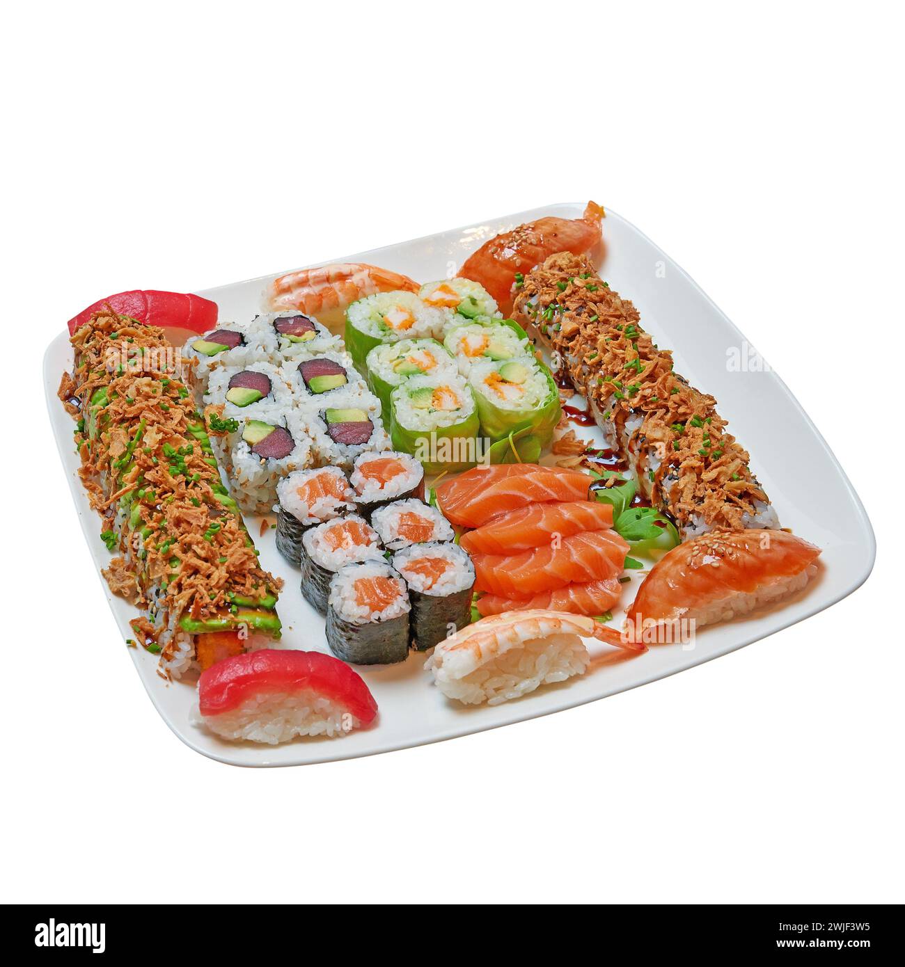 Traditional japanese white plate with lot of food isolated on white ...
