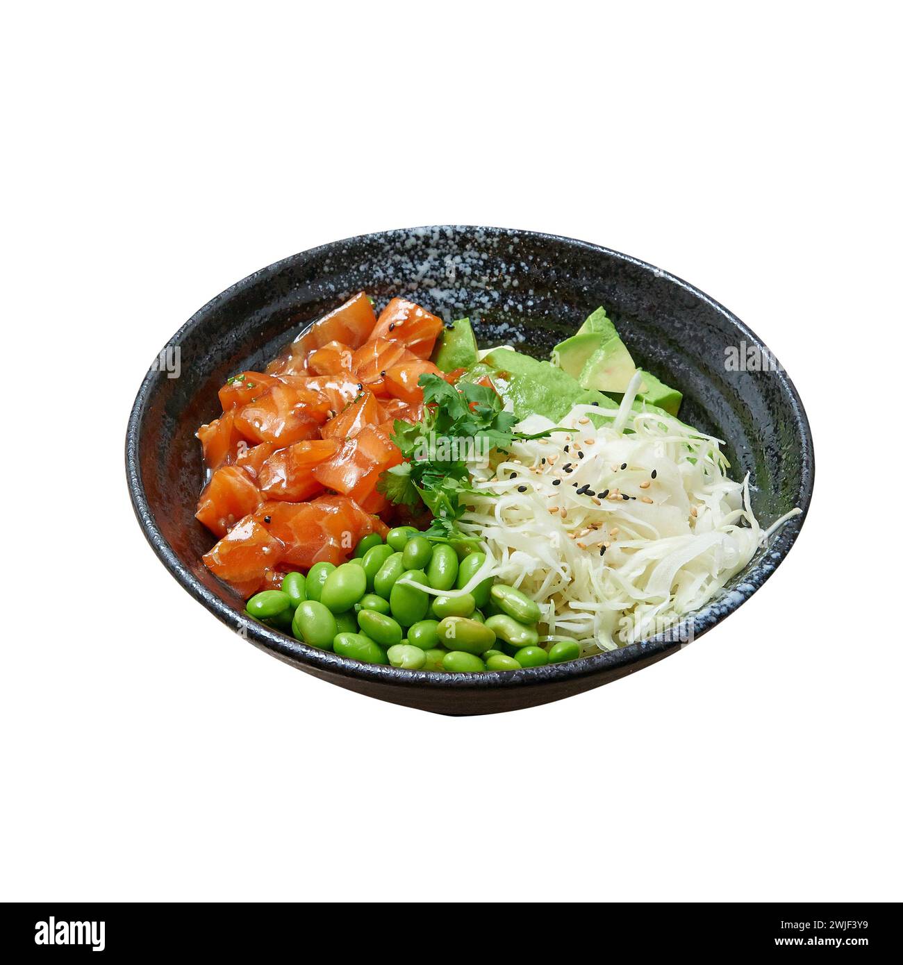 Traditional japanese poke bowl with food isolated on white with ...