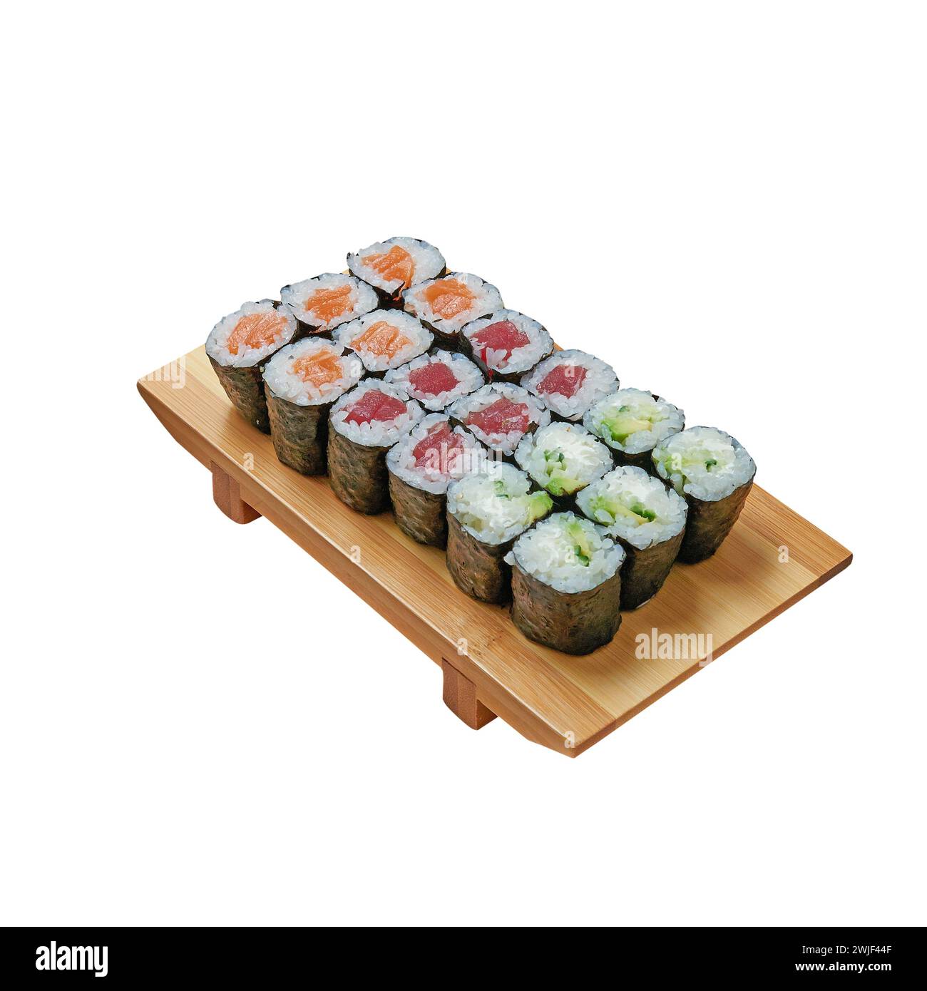 Traditional japanese wooden plank with food isolated on white with ...