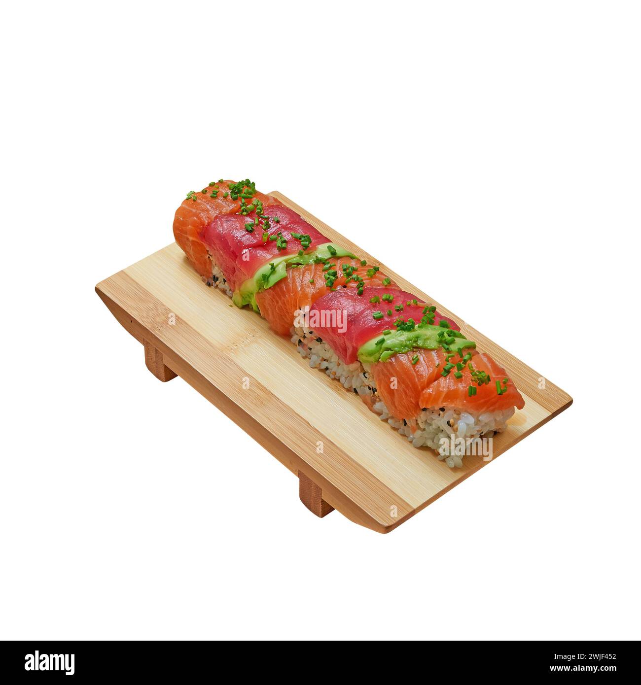 Traditional japanese wooden plank with food isolated on white with ...