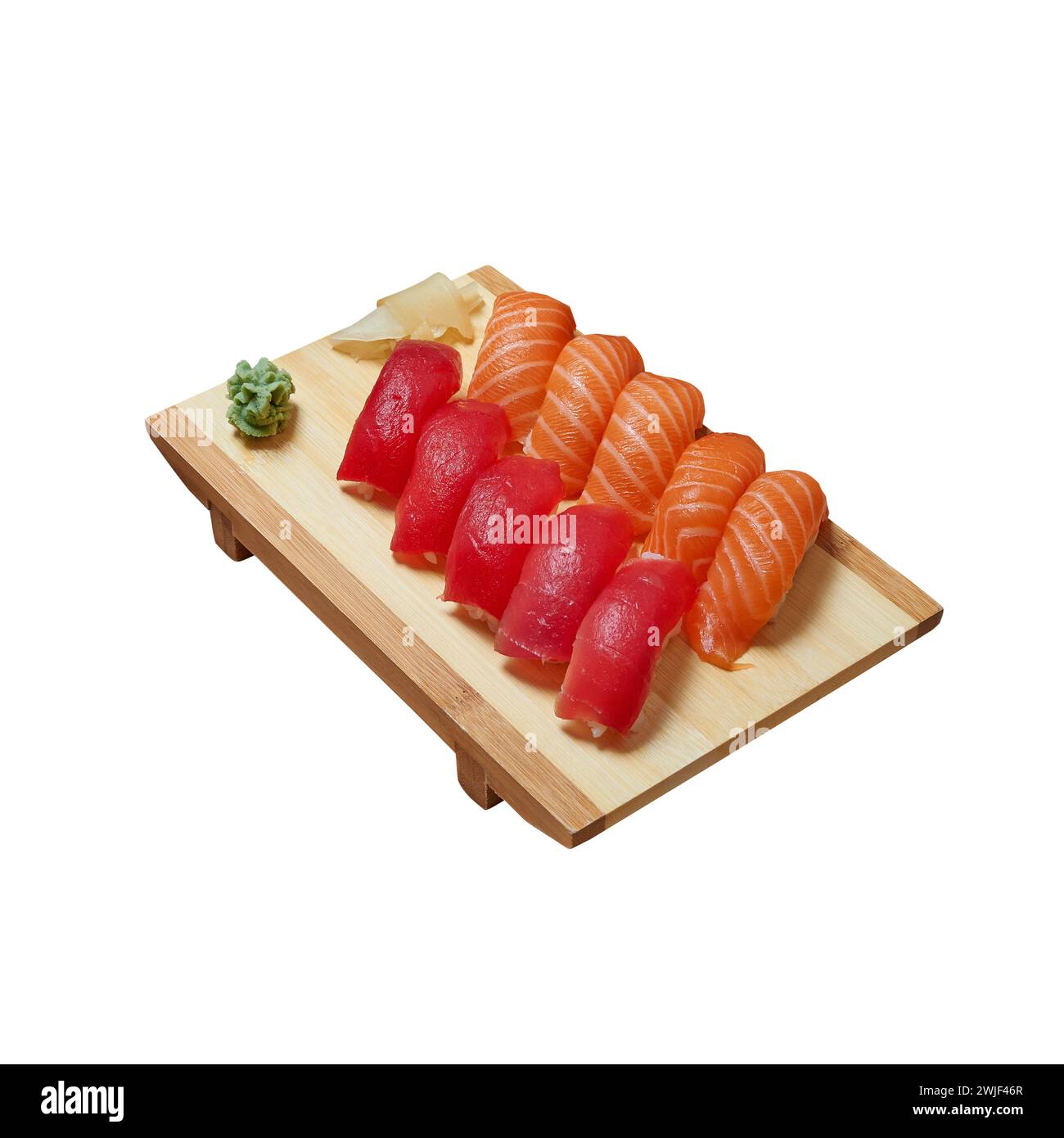 Traditional japanese wooden plank with food isolated on white with ...