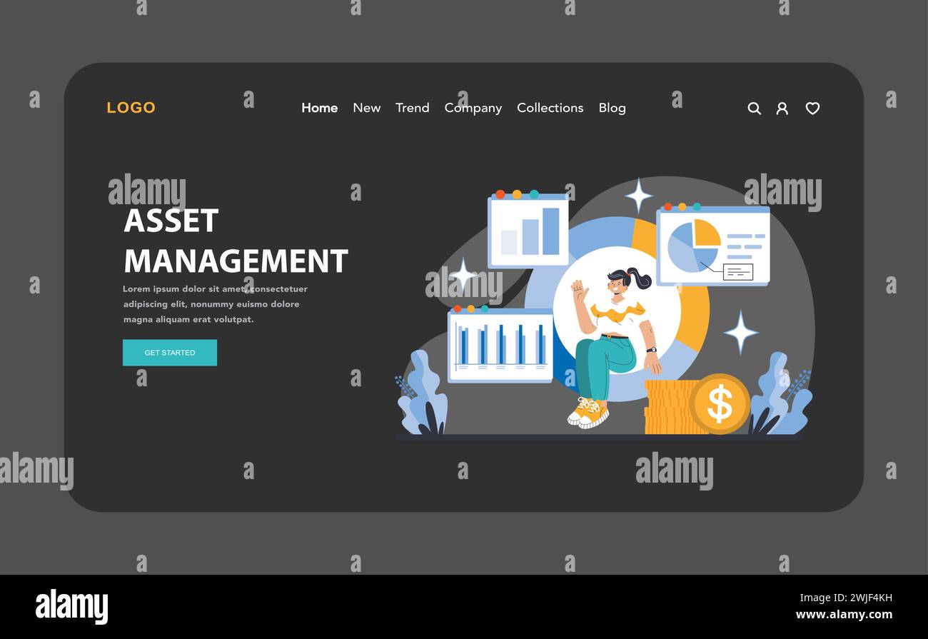 Asset Management night or dark mode web or landing page. Visualizing financial growth and ...