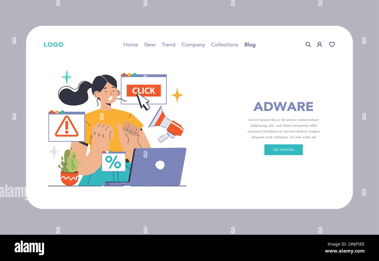 Adware alert web or landing. Concerned user encounters intrusive ads ...