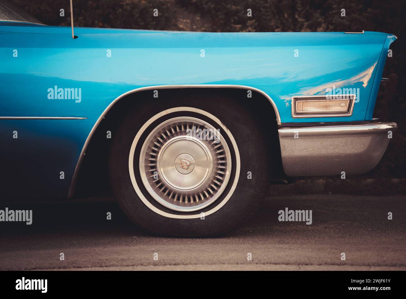 Vintage luxury old retro blue cadillac coupe deville on the street ...
