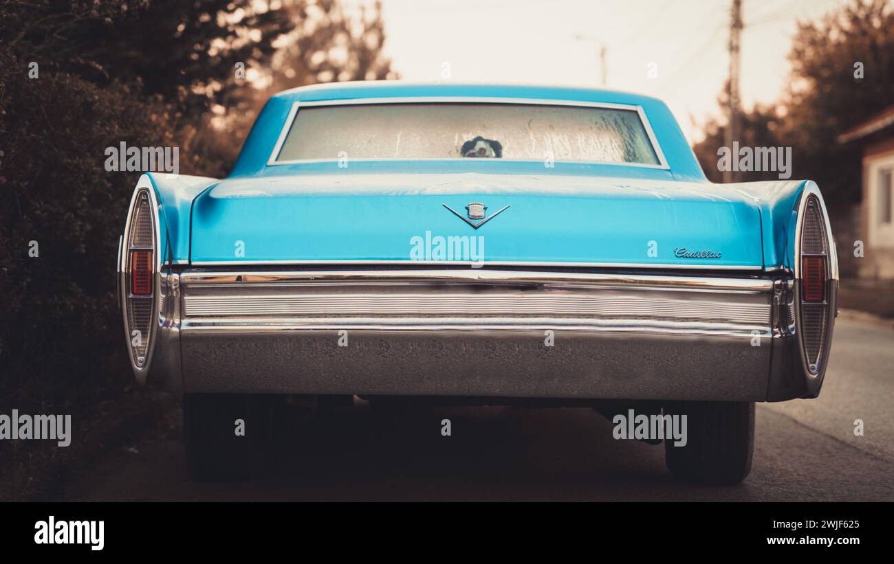 Vintage luxury old retro blue cadillac coupe deville on the street ...