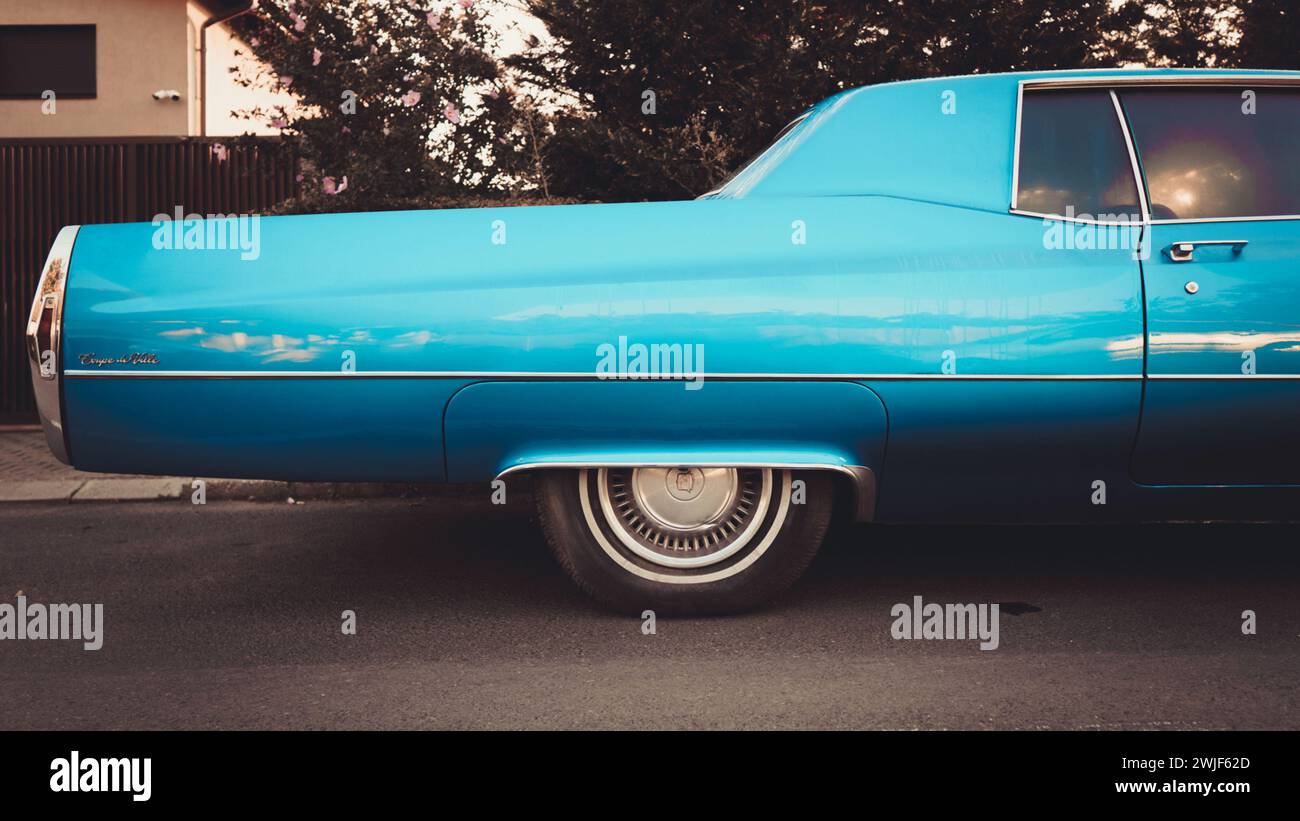 Vintage luxury old retro blue cadillac coupe deville on the street ...