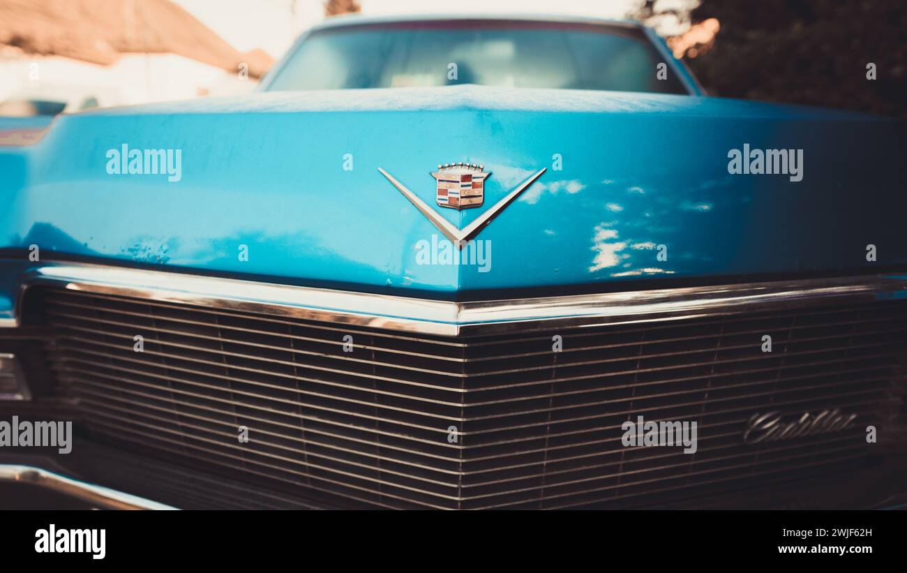 Vintage luxury old retro blue cadillac coupe deville on the street ...