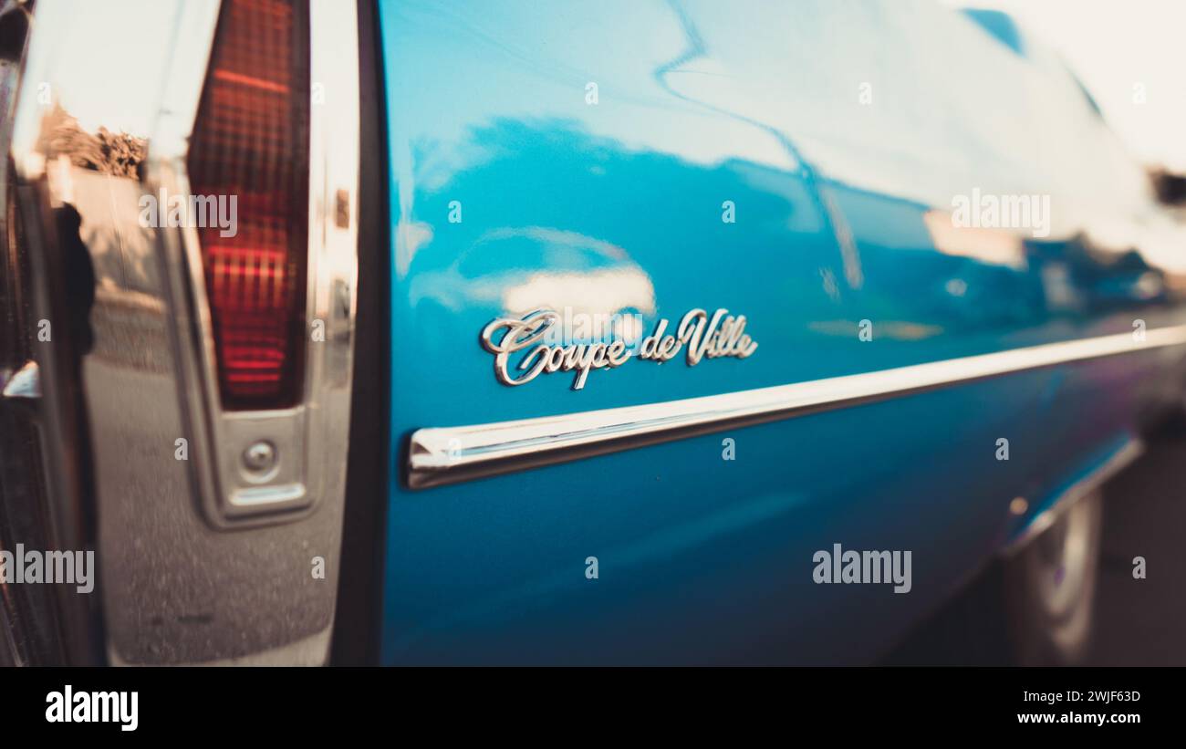 Vintage luxury old retro blue cadillac coupe deville on the street ...