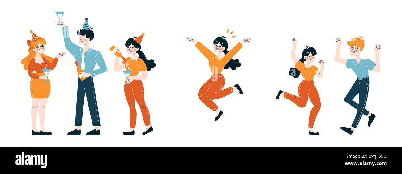 Workplace Celebration set. Joyful employees enjoying success with ...