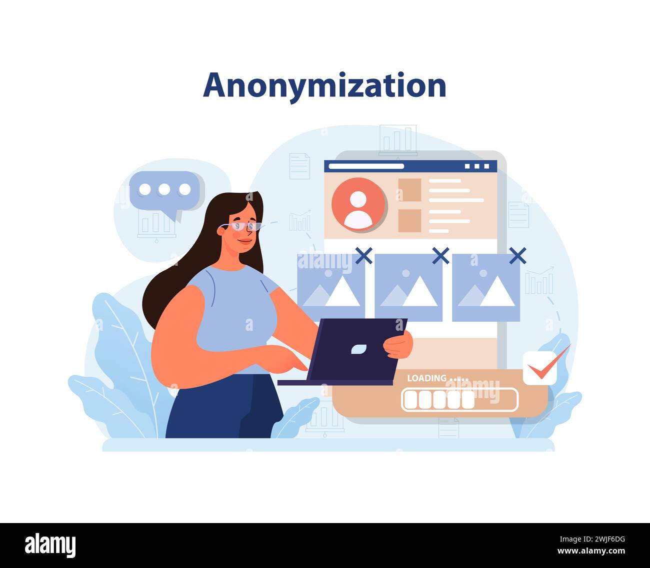 Anonymization concept. A focused woman works on her laptop, using ...
