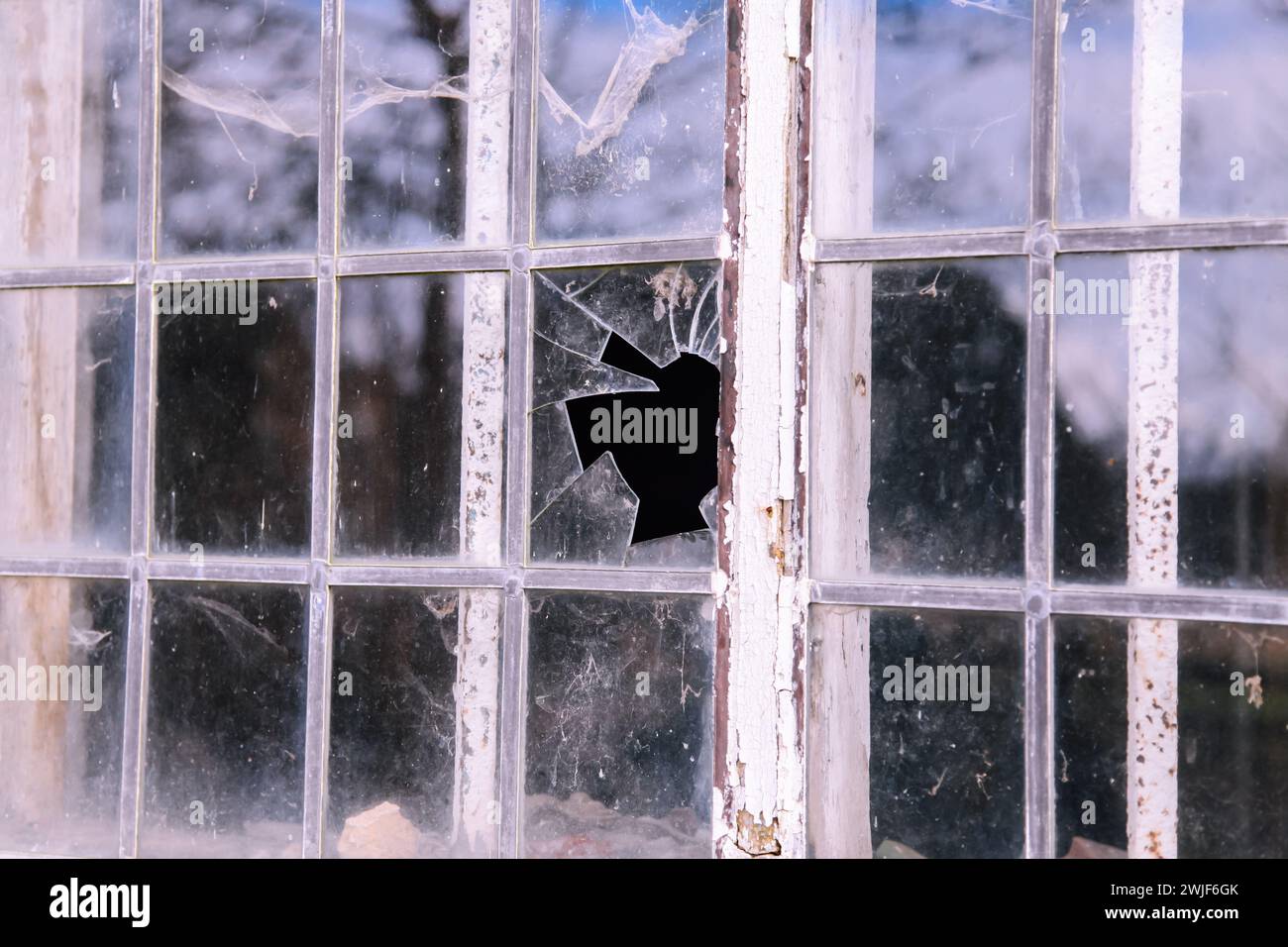 Broken glass Smashed Window at deserted farmhouse at West Horsley ...